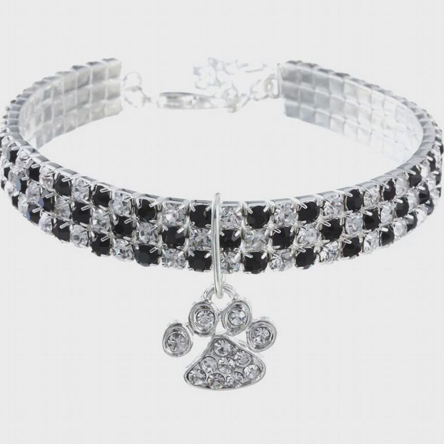 Ошейник для собак с цирконием, серебряный, черный, размер M