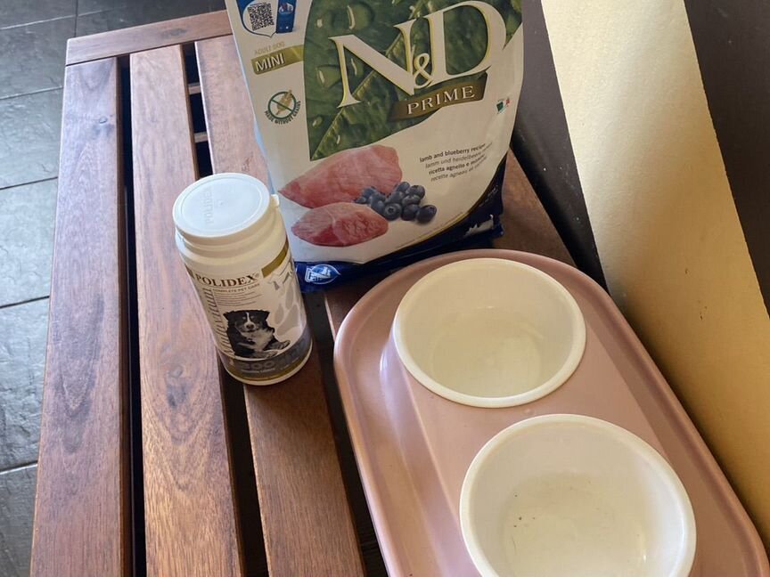 Отдам бесплатно корм, миску и витамины