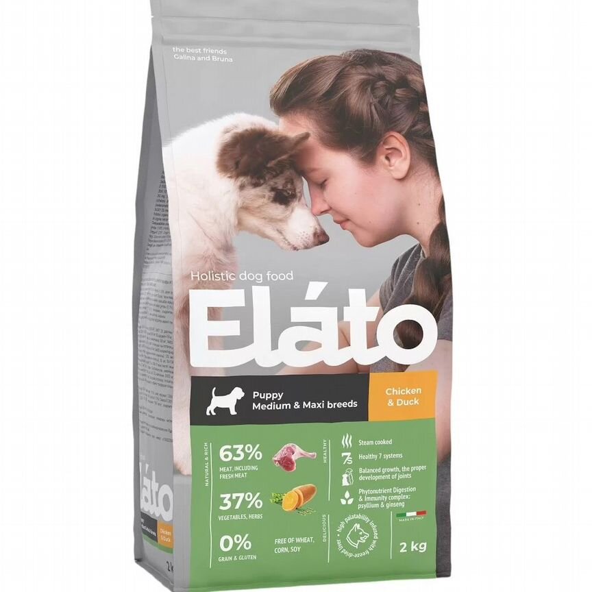 Сухой корм Elato Holistic для щенков средних и крупных пород с курицей и уткой - 2 кг