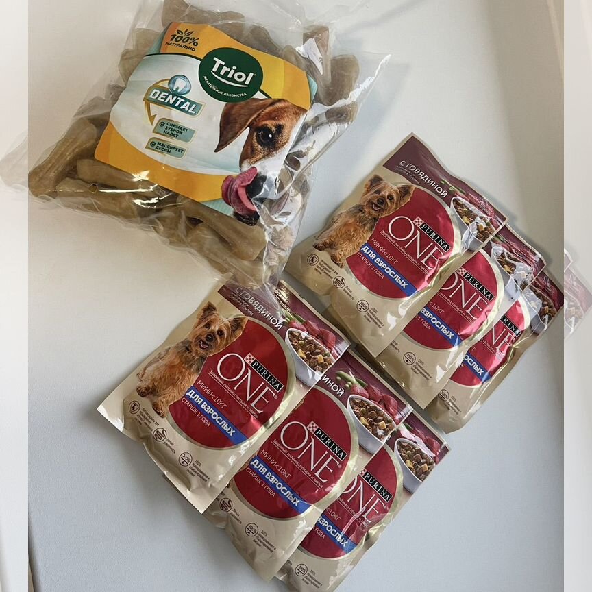 Лакомства для собак косточки Triol и корм Purina