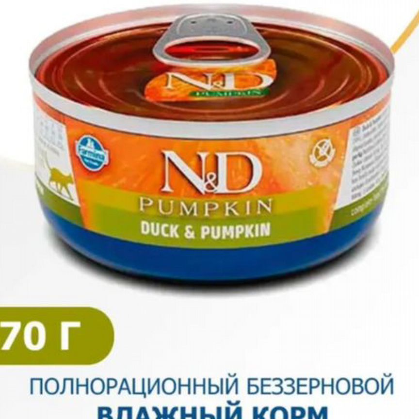 Влажный корм Farmina N&D Cat Pumpkin консервы для взрослых кошек с уткой и тыквой, 70 г