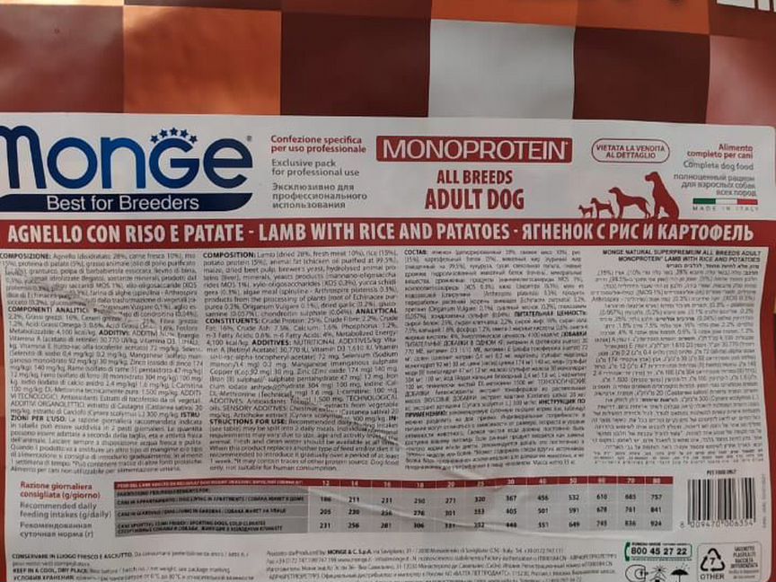 Корм для собак Монж (Monge )с Ягненком 15кг