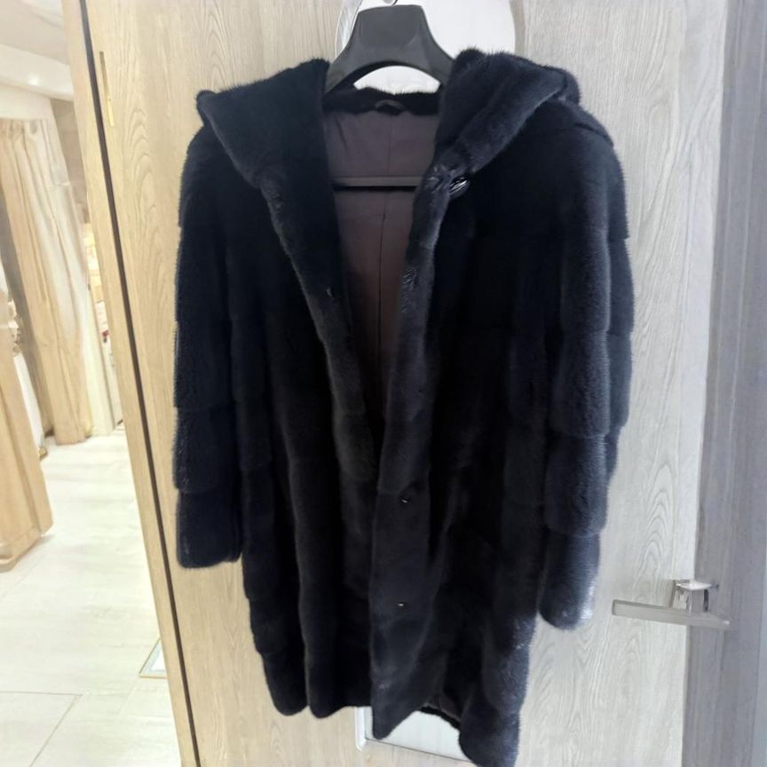 Шуба норковая с капюшоном 42 44 темно синяя